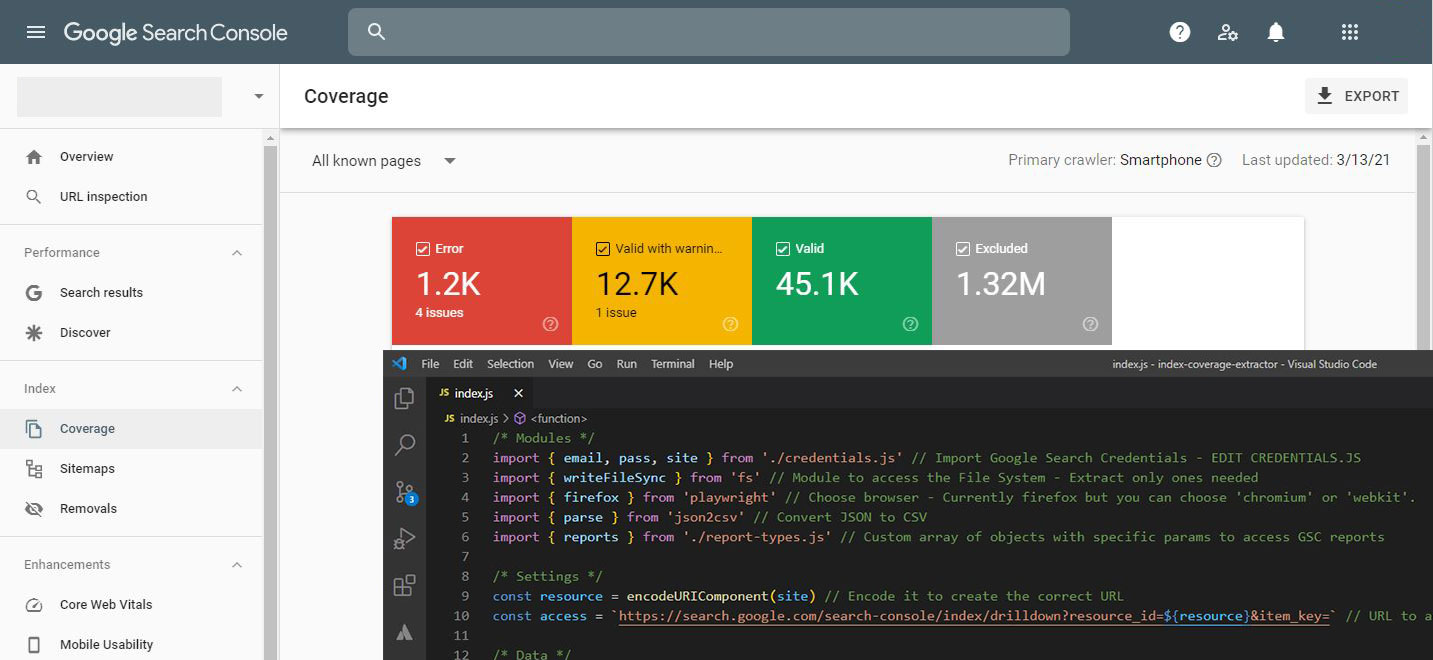 Extracting Index Coverage Report Stats in Bulk from Search Console using Node.js